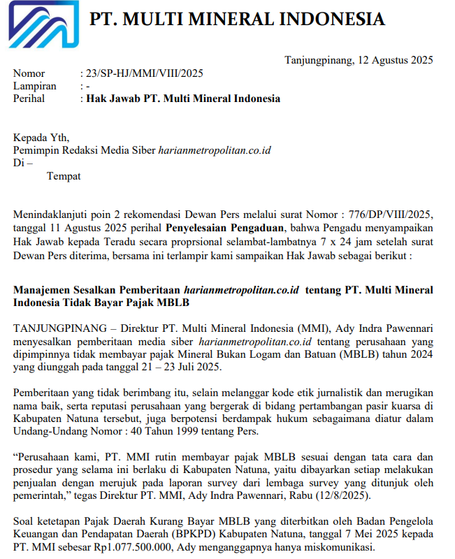 Hak Jawab PT MMI Atas Berita, “KURAS KEKAYAAN ALAM NATUNA PT MMI BELUM ...
